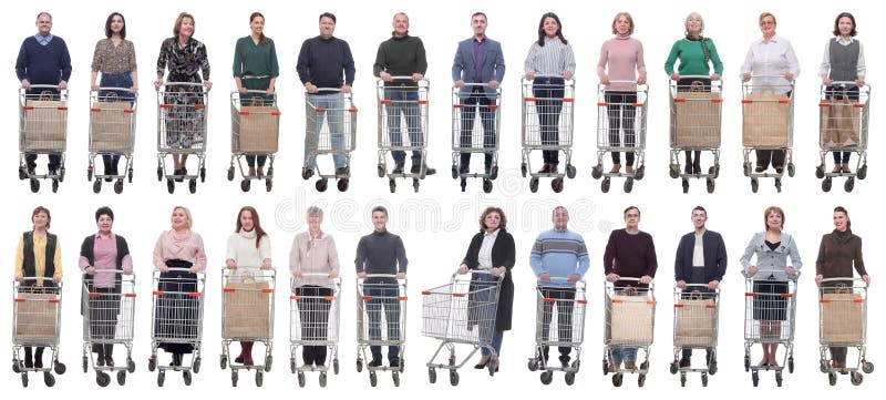 Collage Group of People with Cart Isolated on White Stock Image - Image ...