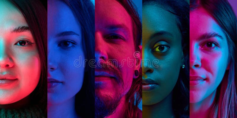 Collage. Half-faced Portrait of Young People of Different Age and ...