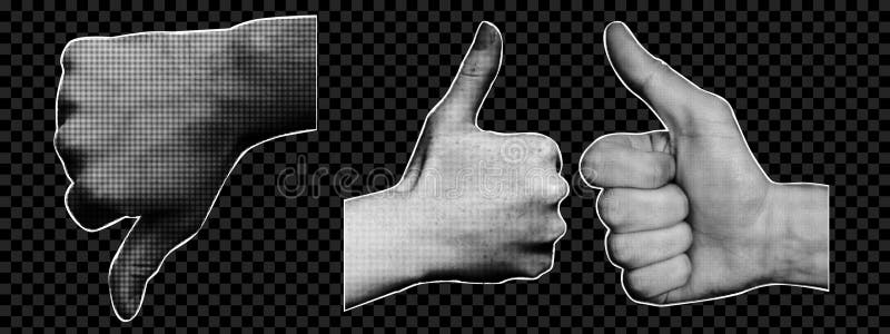 Collage Halftone Human Hands. Thumbs Up and Down. Vector Elements in ...
