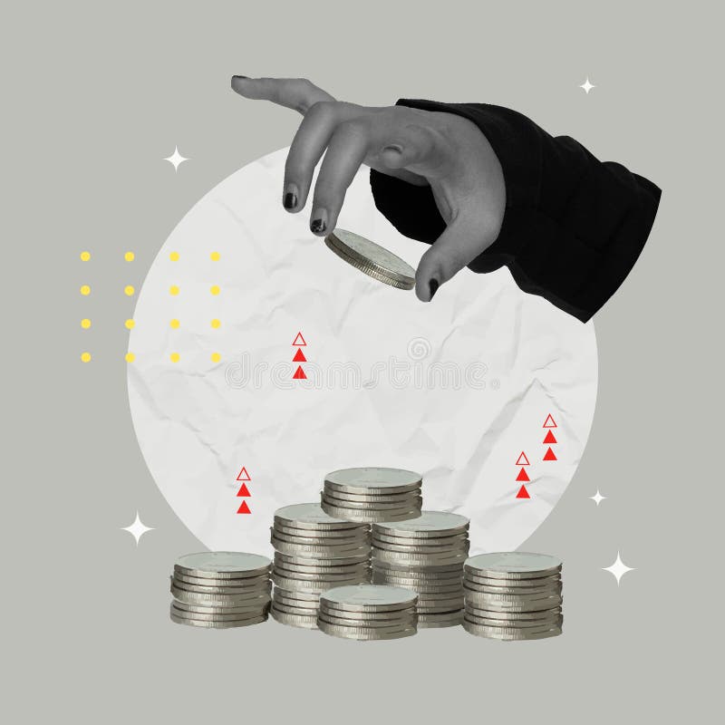 Collage of Hand Adding Coins To a Stack Symbolizing Wealth Accumulation and Financial Growth ...