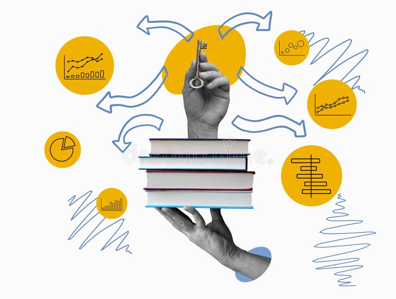 Collage with a Hand Holding a Book and a Key As a Symbol of Knowledge ...