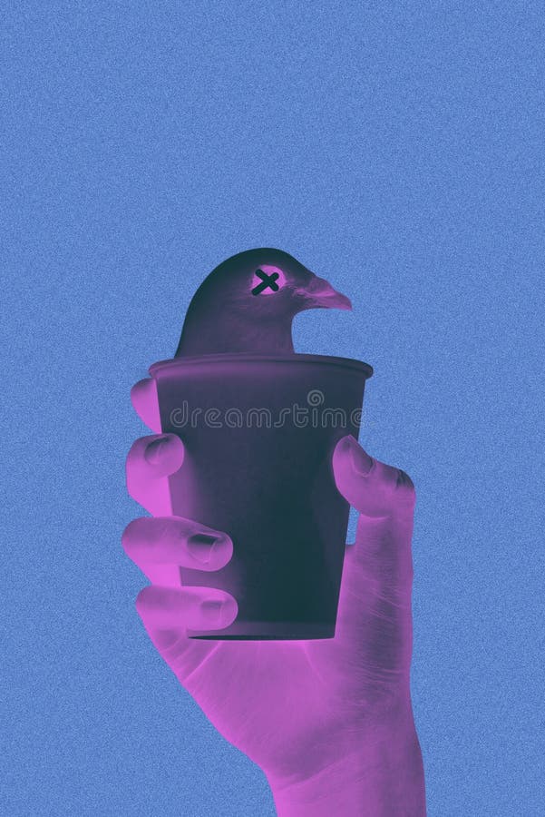 Collage Of Hand Holding A Cup With Dead Bird Stock Illustration ...