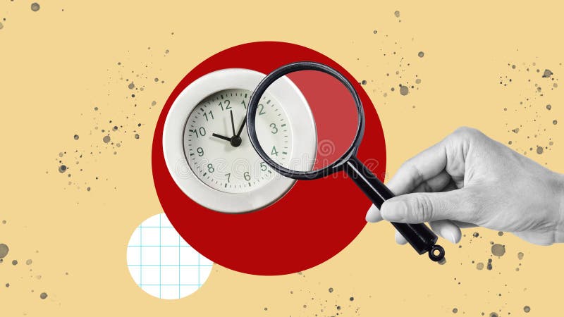 Collage with Hand Researching the Time with Clock Using the Magnifying ...