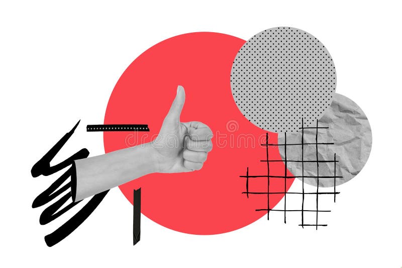 Collage of a Hand with the Thumb Up on a Red Circle with Gray Circles ...