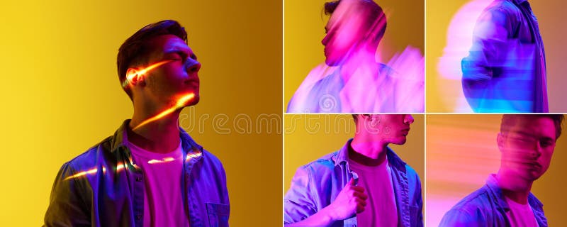 Collage. Handsome Young Guy in Casual Clothes with Digital Lights ...