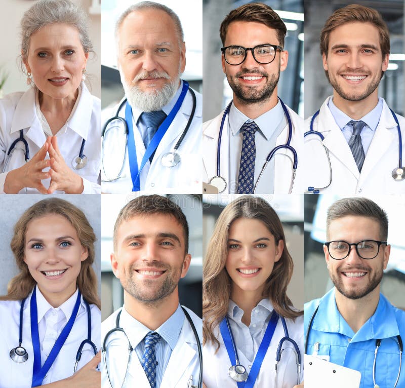 Collage of Happy Doctors with Stethoscopes in a Row. Stock Image ...