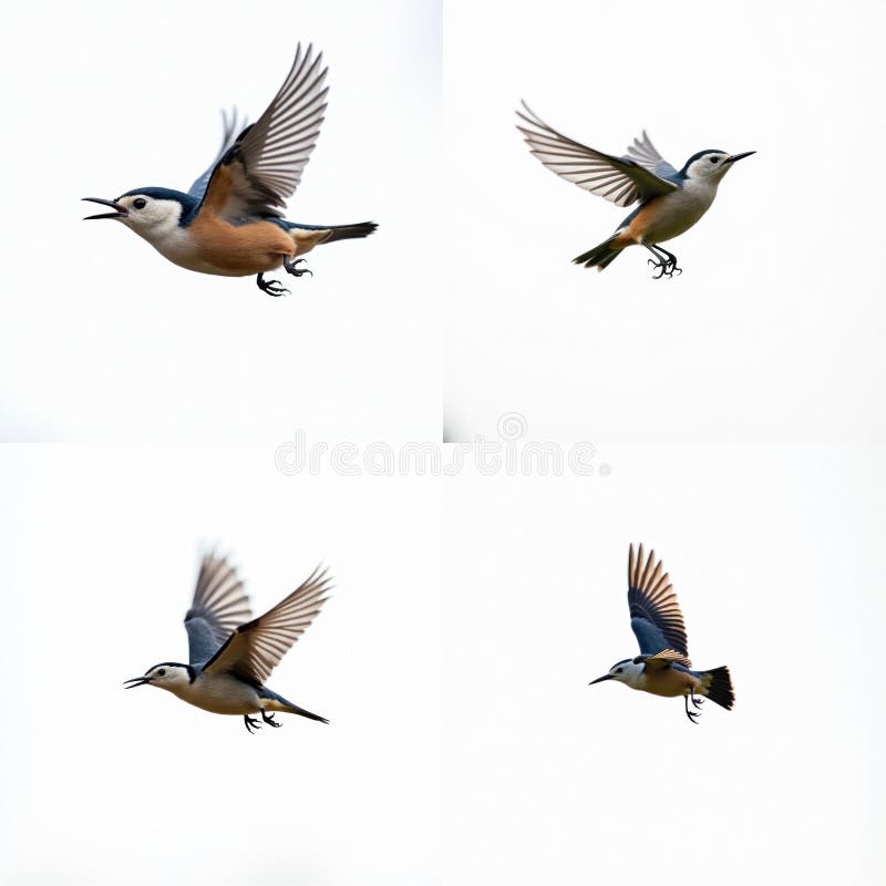 Collage of 4 High-quality Images of Nuthatch Bird in Flight on ...