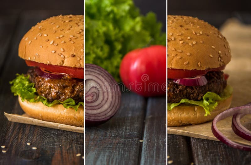 Collage with Homemade Burger on a Dark Wooden Background Stock Image ...