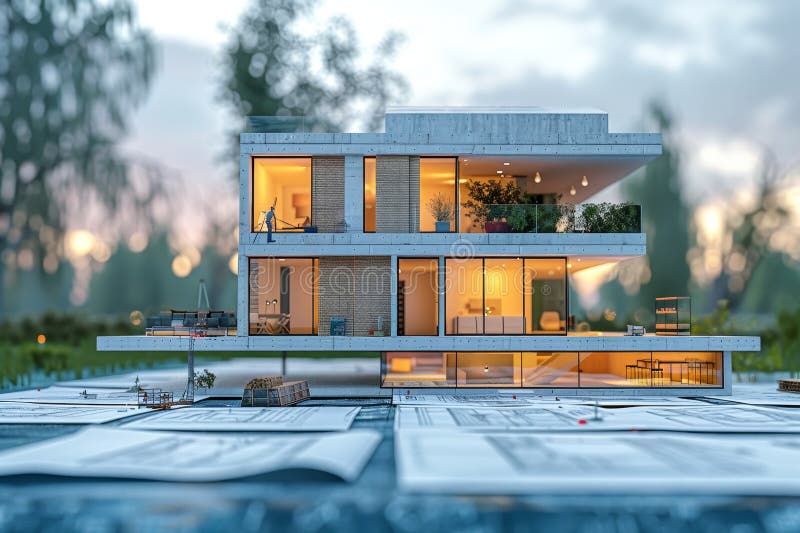 Collage of House Construction Blueprints Featuring a Modern Home ...