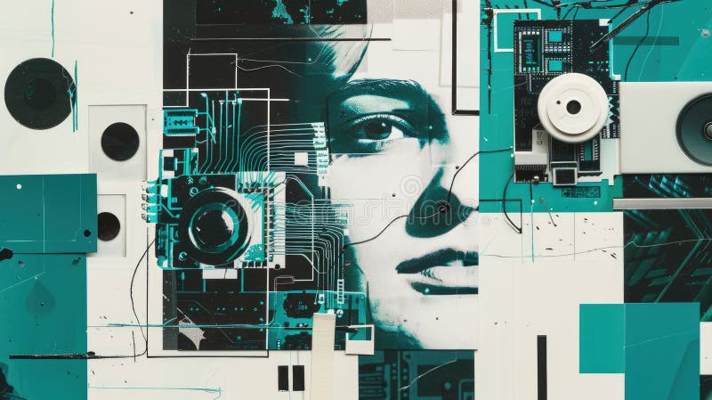 Collage of Human Faces with Circuit Patterns on a Teal Background. Tech ...