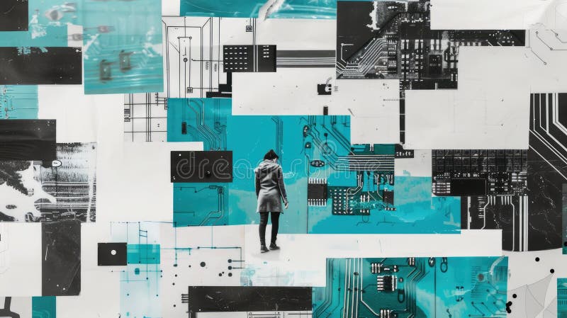 Collage of Human Faces with Circuit Patterns on a Teal Background. Tech ...