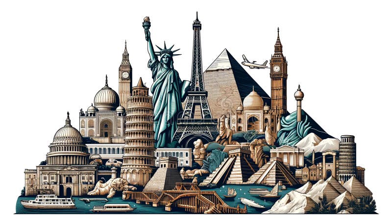 Collage of Iconic World Landmarks and Monuments Stock Illustration ...