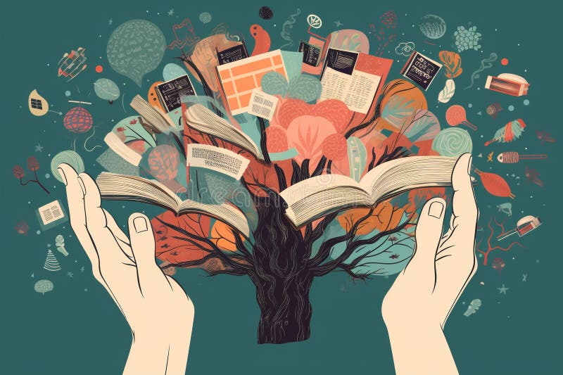 Collage Illustration of Human Hands Holding Book and Brains Full of ...