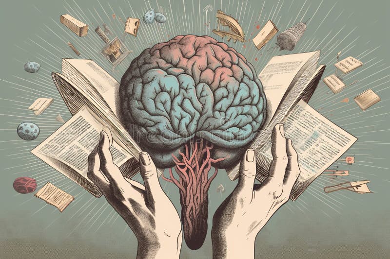 Collage Illustration of Human Hands Holding Book and Brains Full of ...