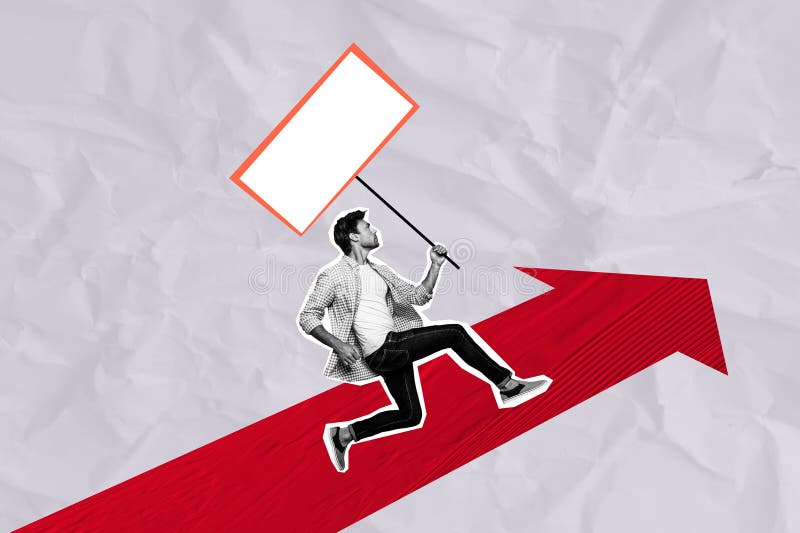 Collage Image Artwork of Confident Man Holding Stick Placard Empty ...