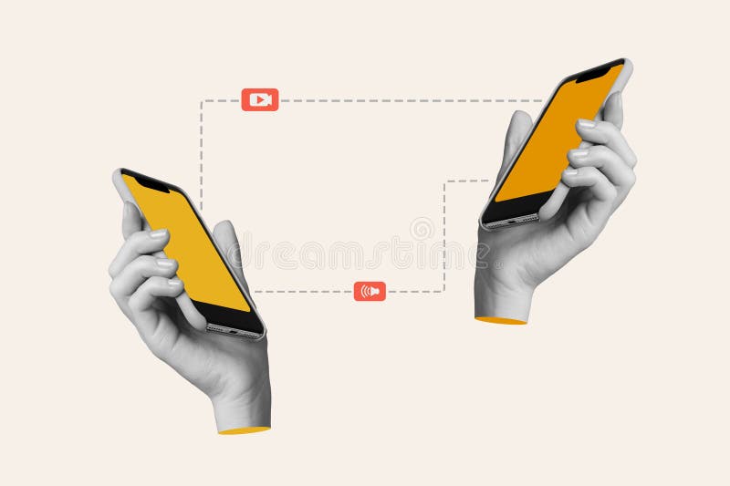 Collage Image Artwork of Two Human Hands Demonstrate Two Gadgets Video ...