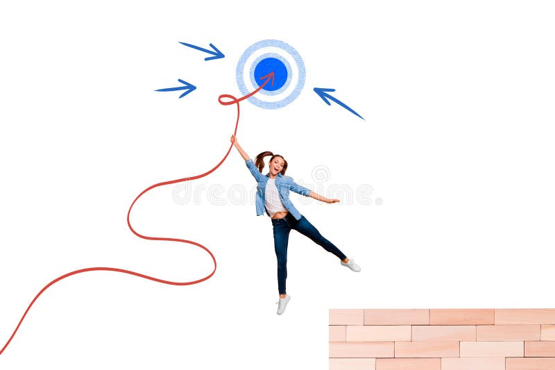 Collage Image of Excited Girl Arm Hold Hanging Arrow String Target Goal ...