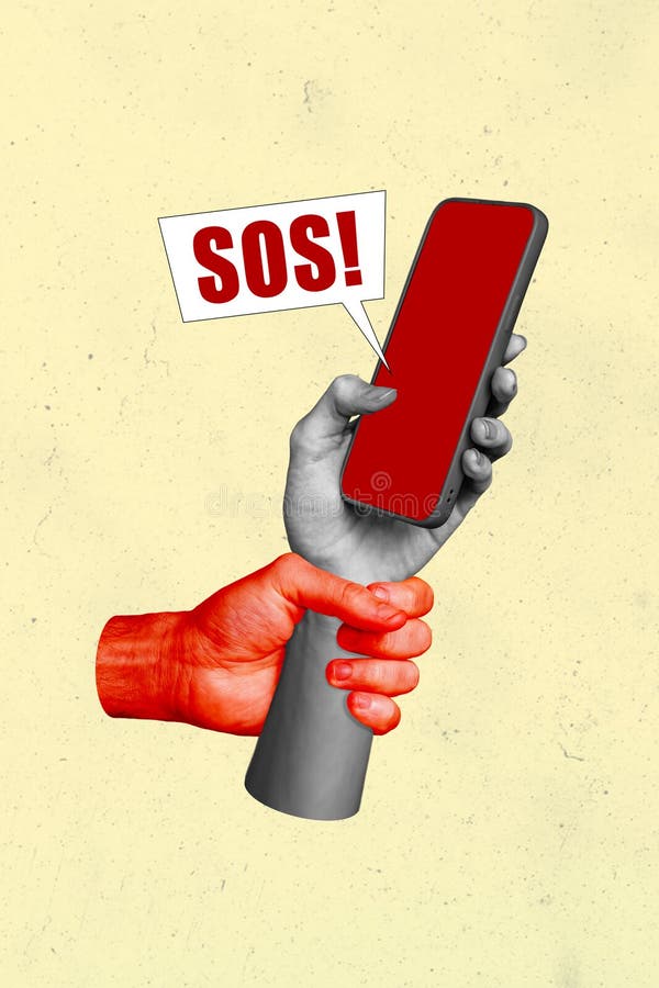 Collage Image of Human Hand Hold Modern Device Reading Sms Sos Help ...