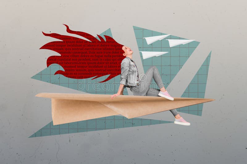 Collage Image Of Mini Positive Girl Sit Flying Huge Paper Plane Book