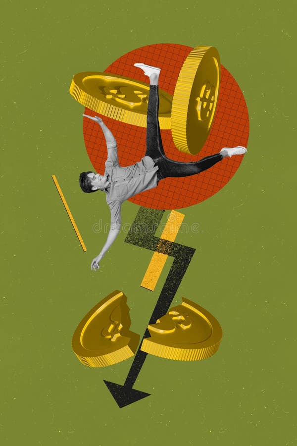 Collage Image Picture Funny Young Man Falling Down Broken Coins ...
