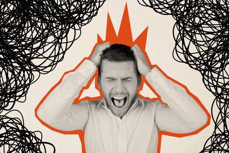 Collage Image of Unsatisfied Outraged Black White Effect Guy Hands Pull ...