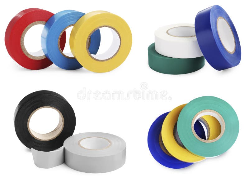 Collage with Insulating Tapes in Different Colors on White Background ...
