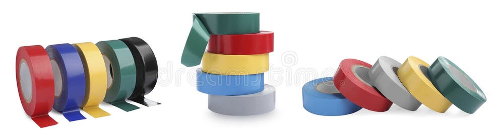 Collage with Insulating Tapes in Different Colors on White Background ...