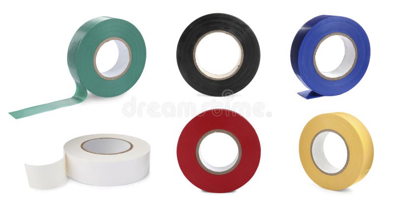 Collage with Insulating Tapes in Different Colors on White Background ...