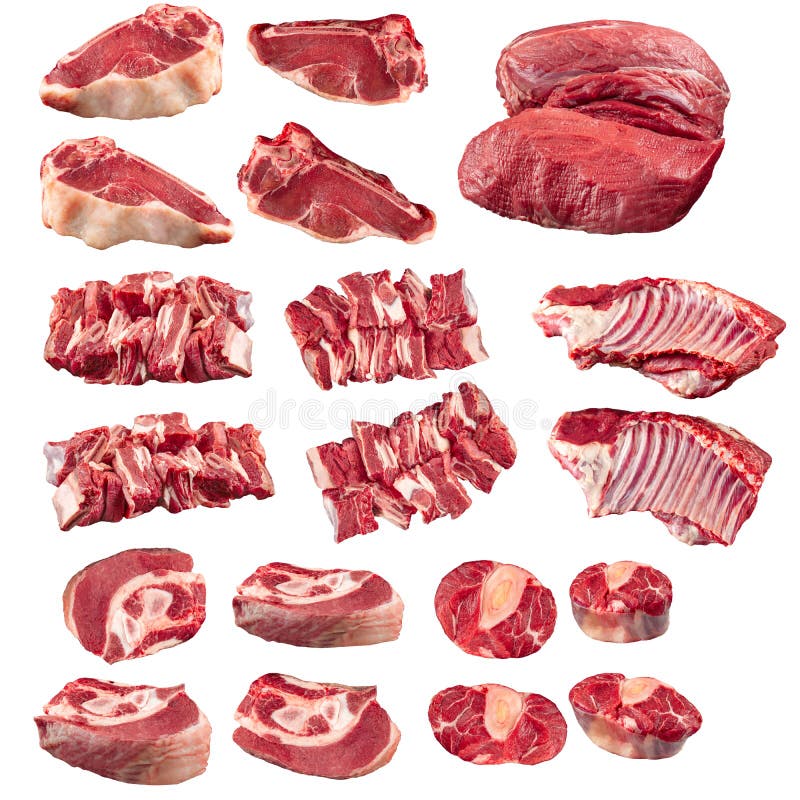 Collage of Isolated Raw Beef Meat Pieces Stock Image - Image of ...
