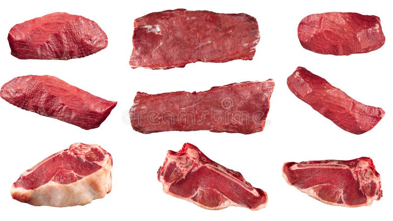Collage of Isolated Raw Beef Meat Pieces Stock Photo - Image of ...