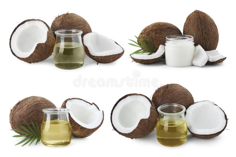Collage with Jars of Coconut Oil Isolated on White Stock Photo - Image ...