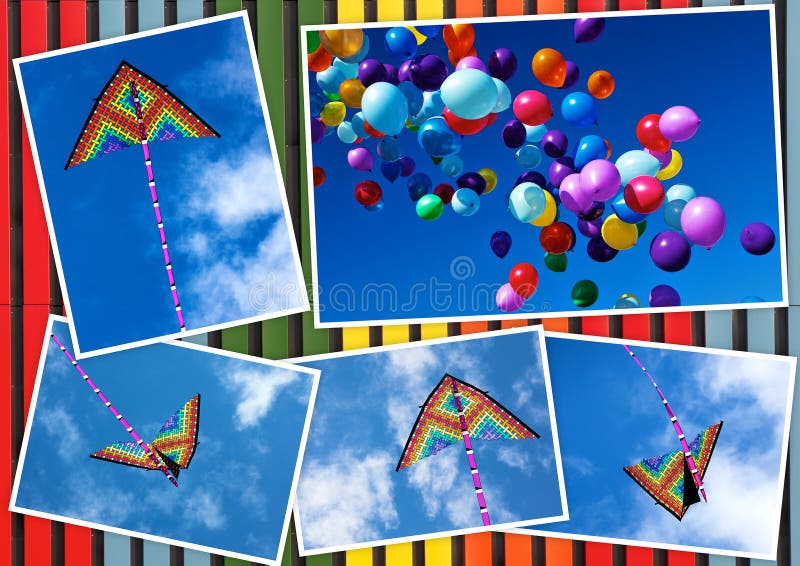 Collage Kite Flying and Colorful Balloons in the Sky Stock Image ...
