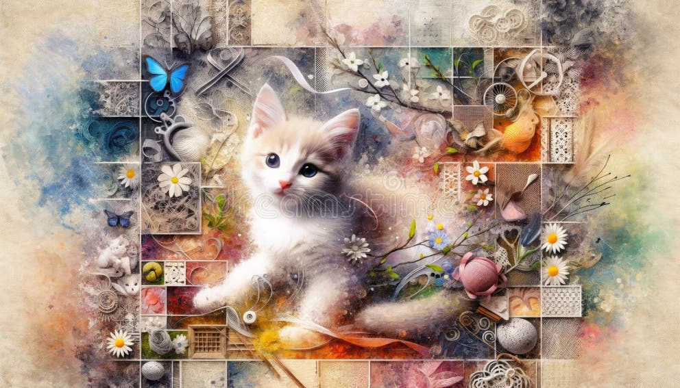 Collage of Kitten and Various Textured Elements Stock Illustration ...