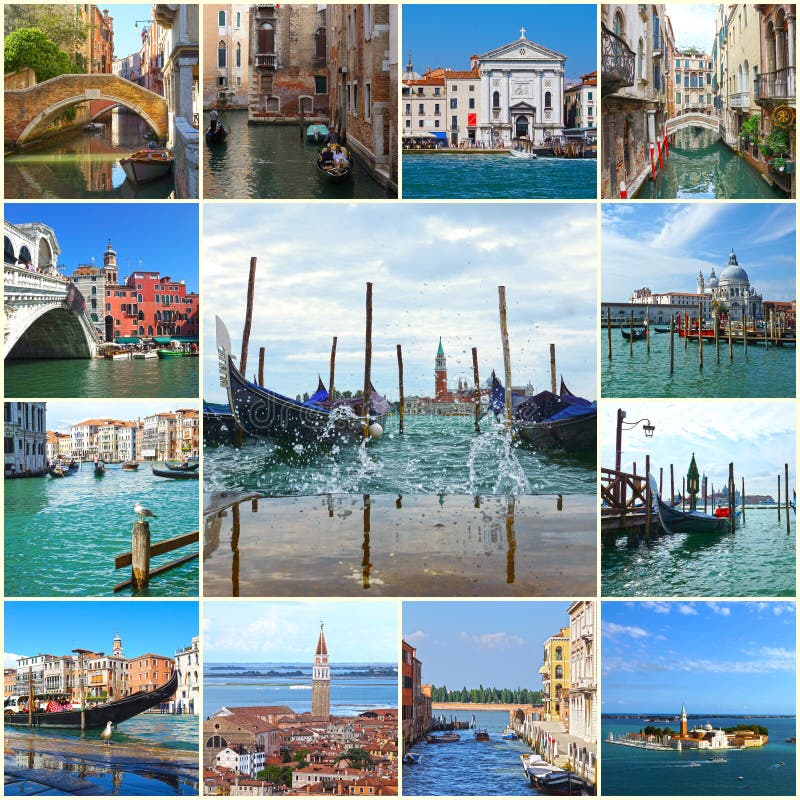 Collage of Landmarks in Venice, Italy Stock Image - Image of gondolier ...