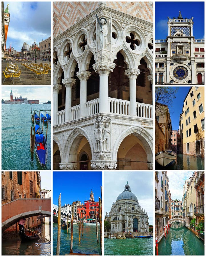 Collage of Landmarks in Venice, Italy Stock Image - Image of gondolier ...