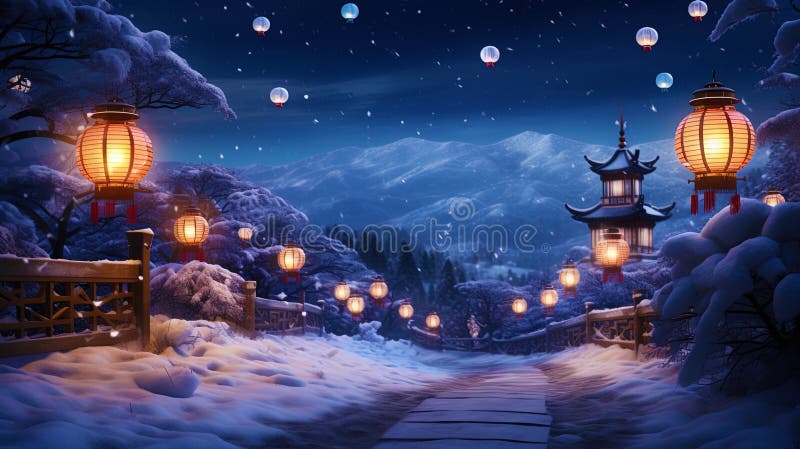 The Collage of Lanterns Illuminating the Snow Path Stock Illustration ...