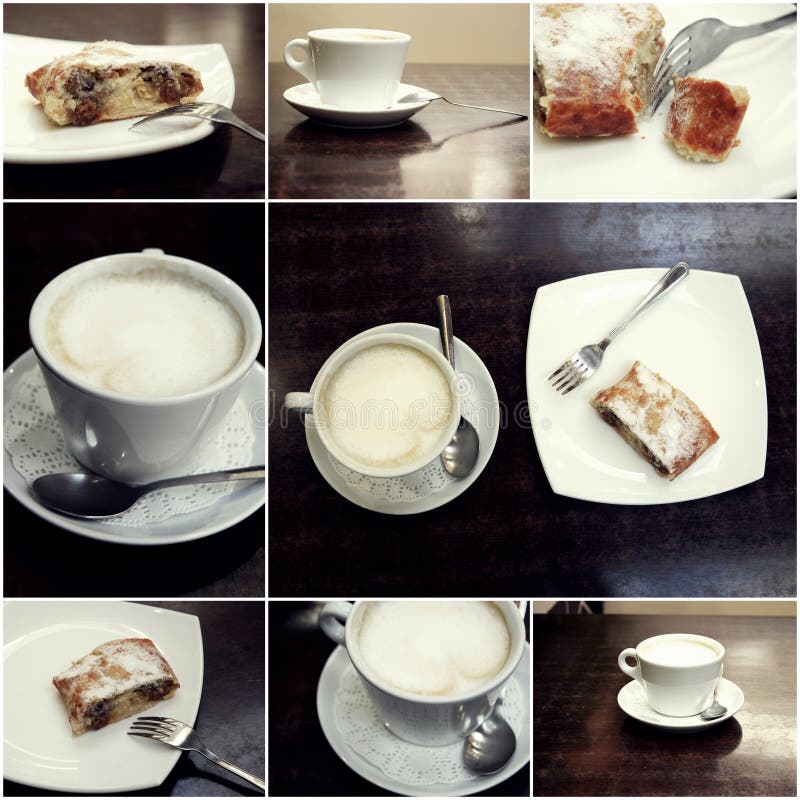 Collage of Latte Coffe and Cake on Table Stock Photo - Image of coffee ...