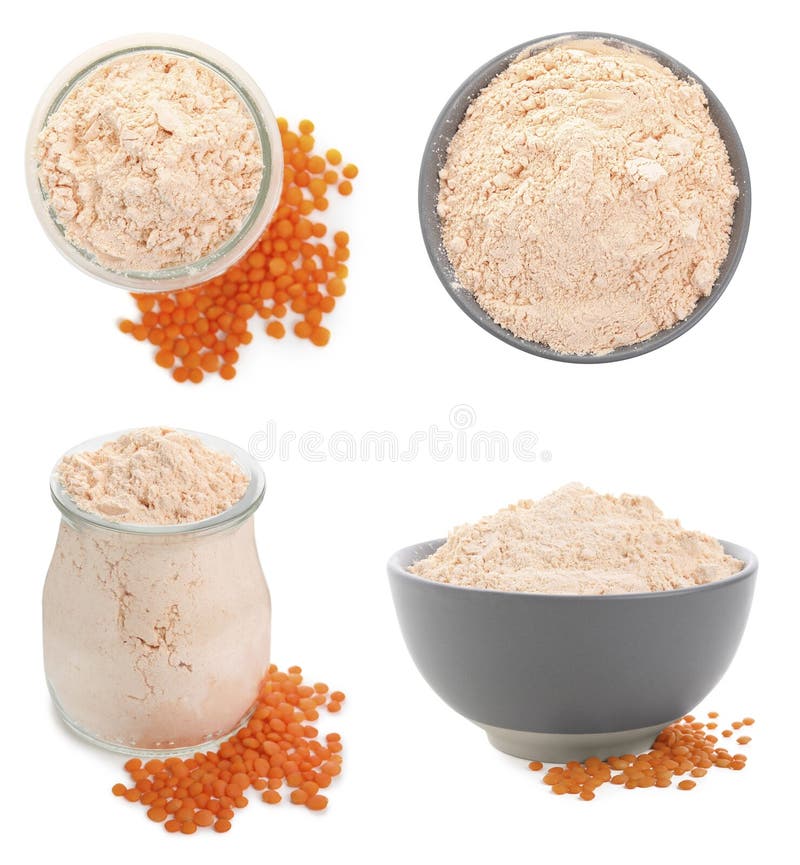 Collage with Lentil Flour and Beans on White Background, Top and Side ...