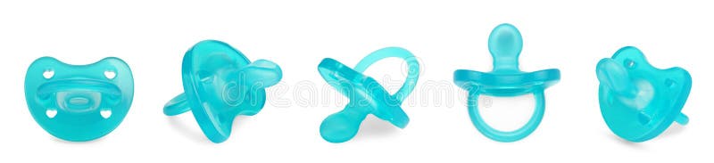 Collage of Light Blue Baby Pacifier on White Background, Views from ...