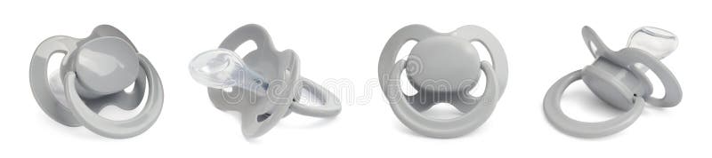 Collage of Light Grey Baby Pacifier on White Background, Views from ...