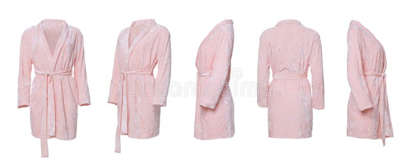 Collage with Light Pink Velour Bathrobe on White Background, Different ...