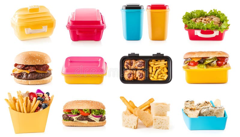 Collage of Lunch Box with Various Food Items Isolated on White Stock ...