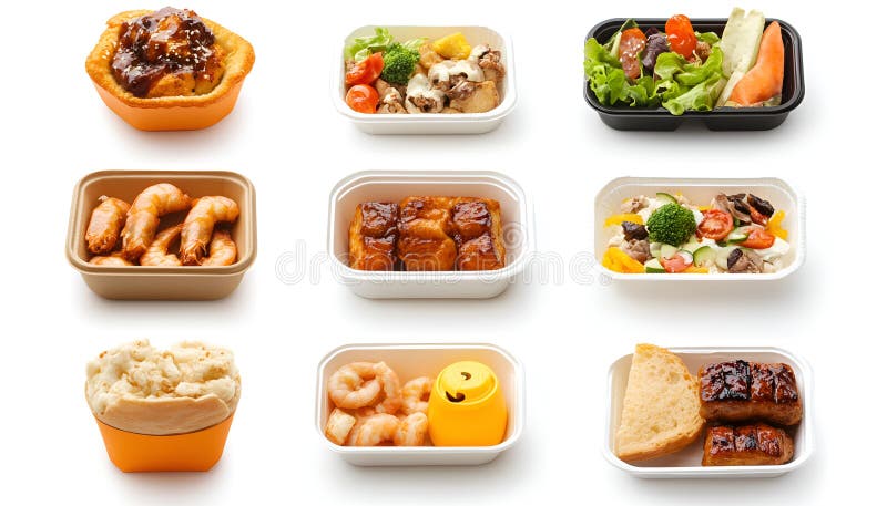 Collage of Lunch Box with Various Food Items Isolated on White Stock ...