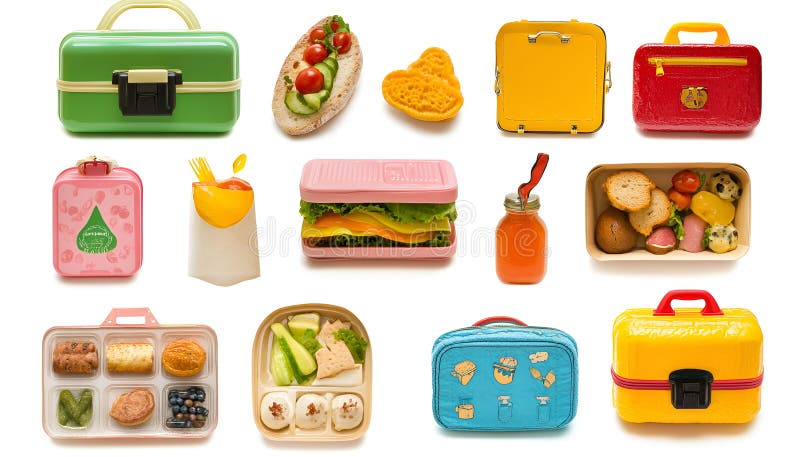 Collage of Lunch Box with Various Food Items Isolated on White Stock ...
