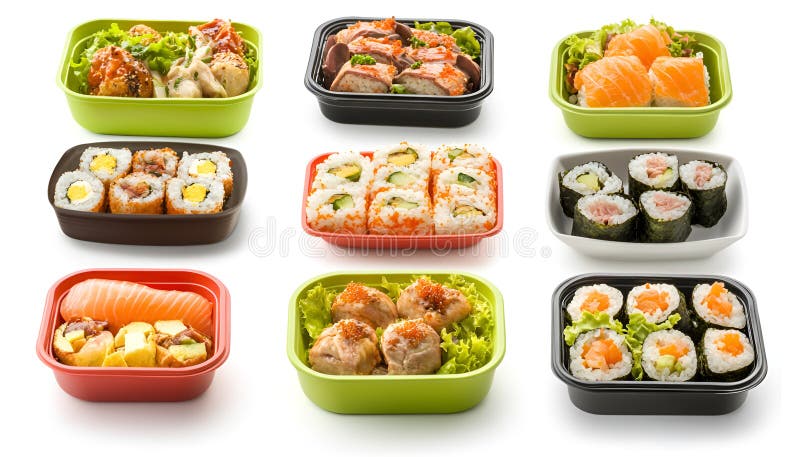 Collage of Lunch Box with Various Food Items Isolated on White Stock ...