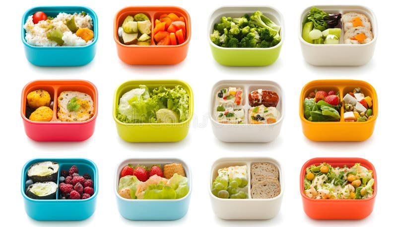 Collage of Lunch Box with Various Food Items Isolated on White Stock ...