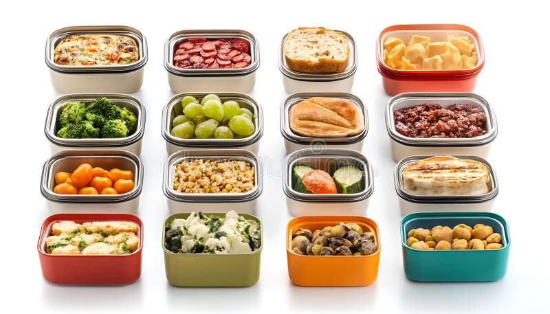 Collage of Lunch Box with Various Food Items Isolated on White Stock ...