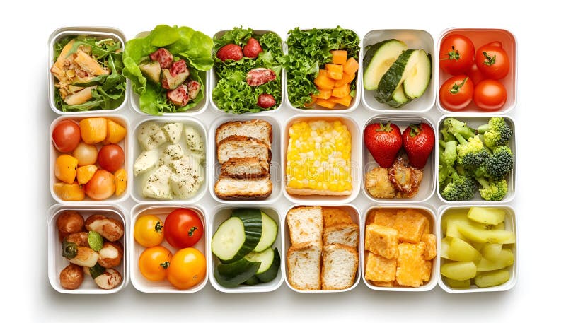 Collage of Lunch Box with Various Food Items Isolated on White Stock ...