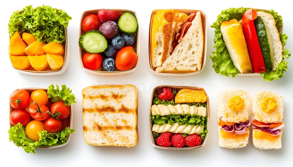 Collage of Lunch Box with Various Food Items Isolated on White Stock ...
