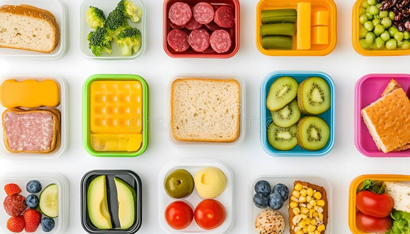Collage of Lunch Box with Various Food Items Isolated on White Stock ...